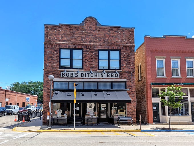 The brick facade of Bob's Bitchin' BBQ stands proudly on Dodgeville's Iowa Street, a beacon for hungry travelers seeking smoky salvation.