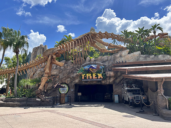 The jaw-dropping entrance to T-Rex Cafe &ndash; where your dining adventure begins with a skeleton of epic proportions!
