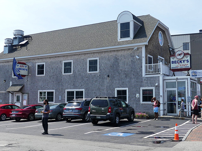 Becky's weathered shingle exterior stands proudly on Commercial Street, a beacon for hungry souls seeking authentic Maine comfort food.