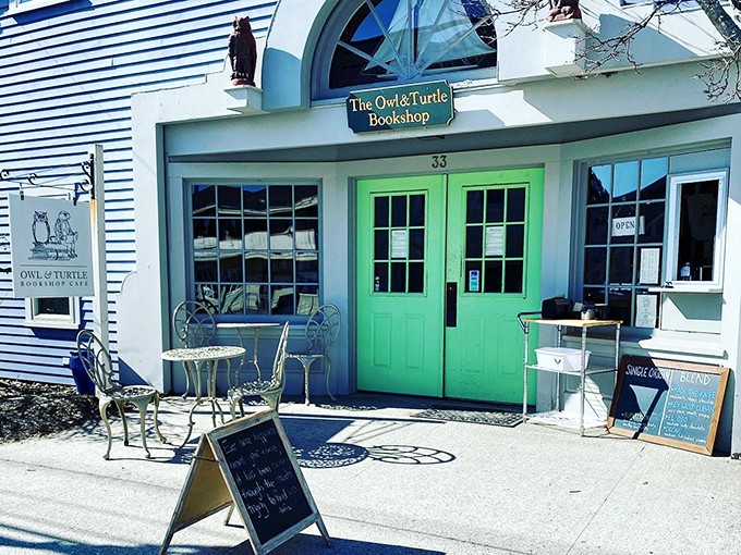The mint-green doors of The Owl & Turtle Bookshop Café stand like literary gatekeepers, promising adventures between covers and in cups.