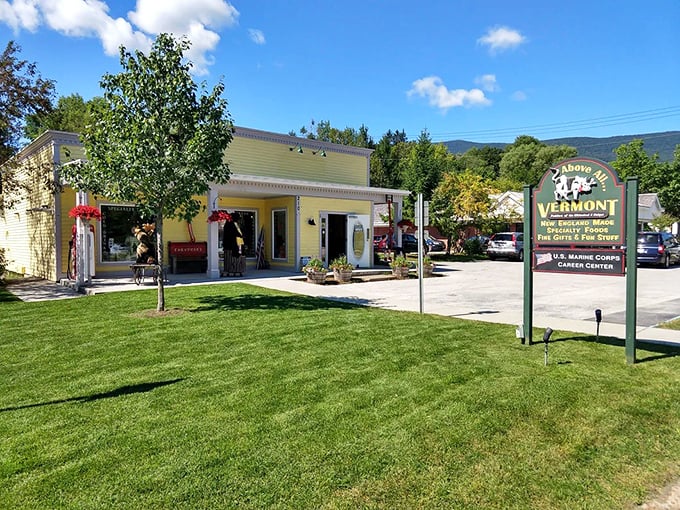 The cheerful yellow exterior of Above All Vermont beckons like a sunny day in the Green Mountains, promising treasures within.