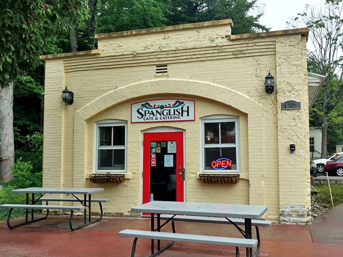 The sunny yellow exterior with that come-hither red door isn't just a building – it's Traverse City's most delicious invitation.