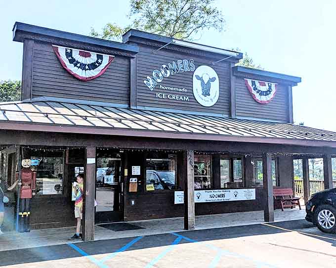 The rustic exterior welcomes visitors like an old friend, complete with patriotic flair and that unmistakable farm charm.