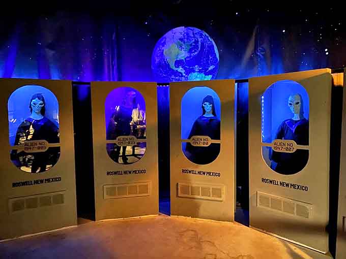 The 1947 Roswell incident comes to life with this alien examination scene, complete with otherworldly lighting and vintage medical equipment.