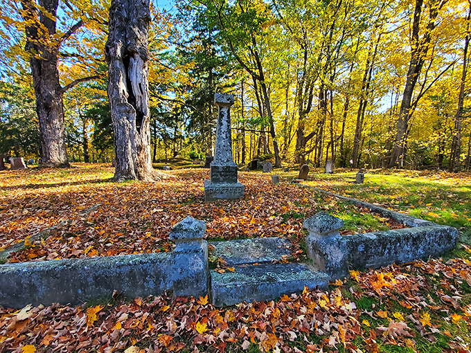 Golden autumn light filters through ancient maples, casting dappled shadows across generations of local history etched in stone.