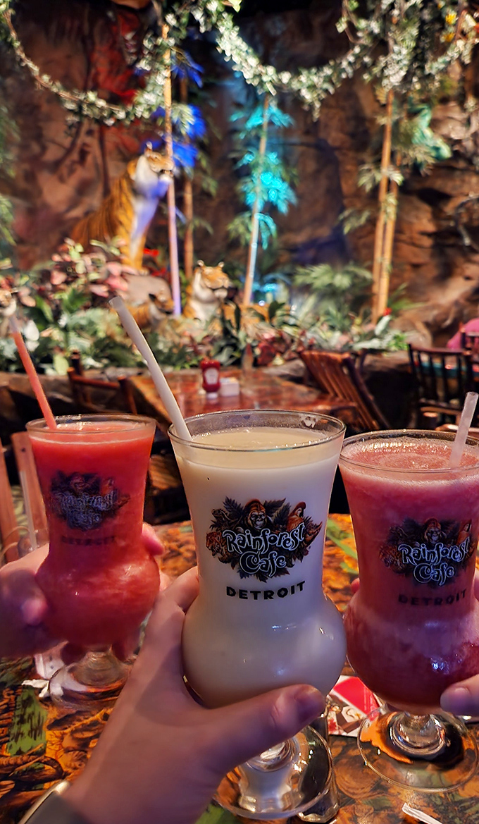 Colorful tropical smoothies in signature glasses offer a refreshing jungle-inspired break from ordinary beverages &ndash; and they're practically health food, right?