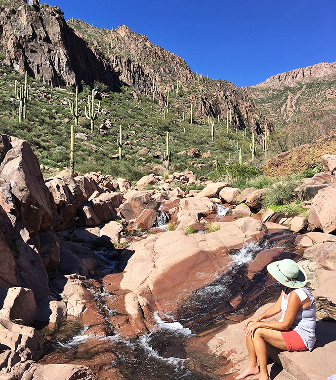 A refreshing cascade tumbles over sun-warmed rocks, creating nature's perfect swimming hole in the most unexpected location.