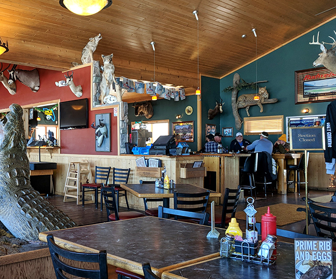 The other side of the dining area showcases the true North Woods experience – where taxidermy meets taste buds in perfect Yooper harmony.