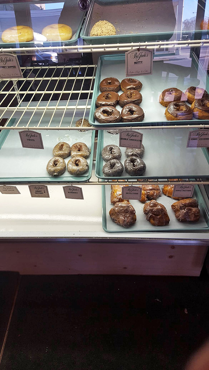 The donut display &ndash; a showcase of sweet circular perfection that makes choosing just one an exercise in delicious torture.