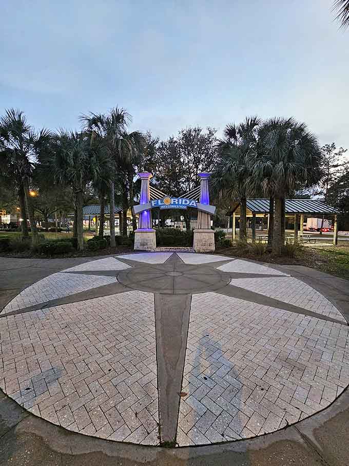 As dusk settles in, the illuminated columns glow like beacons, welcoming late arrivals with the same enthusiasm as morning visitors.
