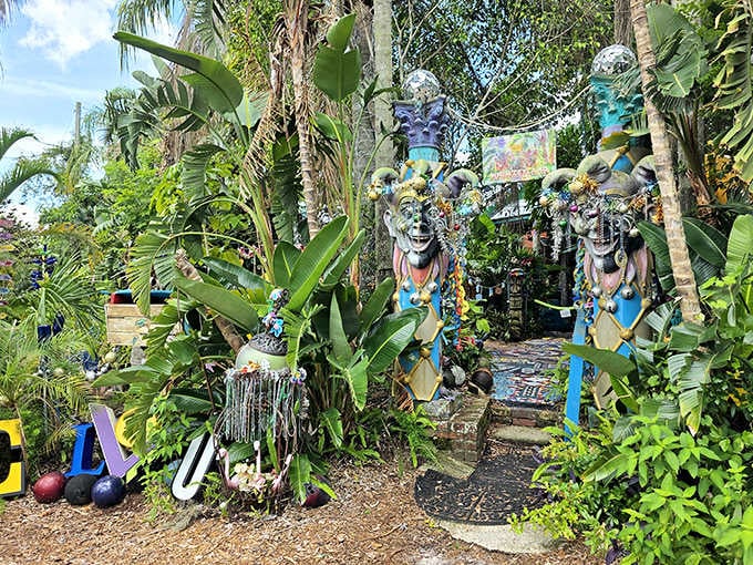 These towering figures stand guard at the entrance, like psychedelic sentinels welcoming visitors to the land of "more is more."