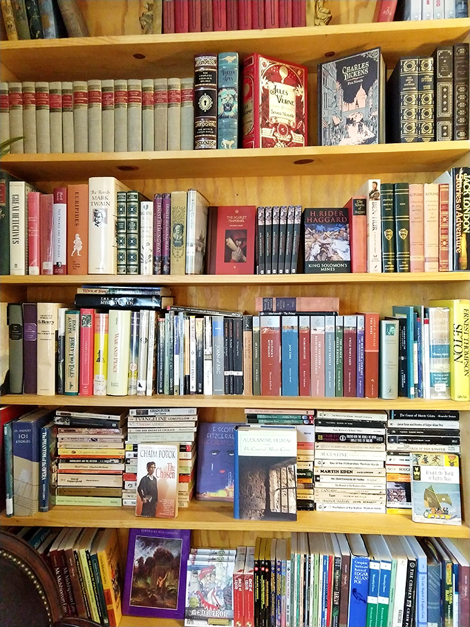 Vintage editions stand at attention like literary soldiers, their matching spines creating a visual rhythm that's both orderly and inviting.