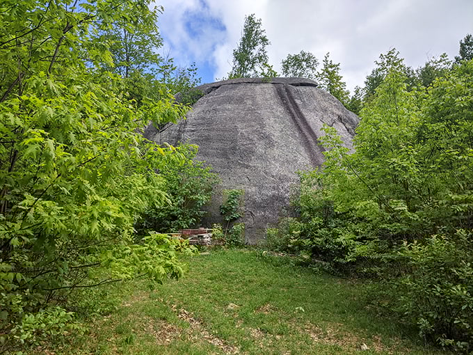 The lush green clearing before the rock creates a natural stage, inviting visitors to pause and appreciate this geological masterpiece from a distance.