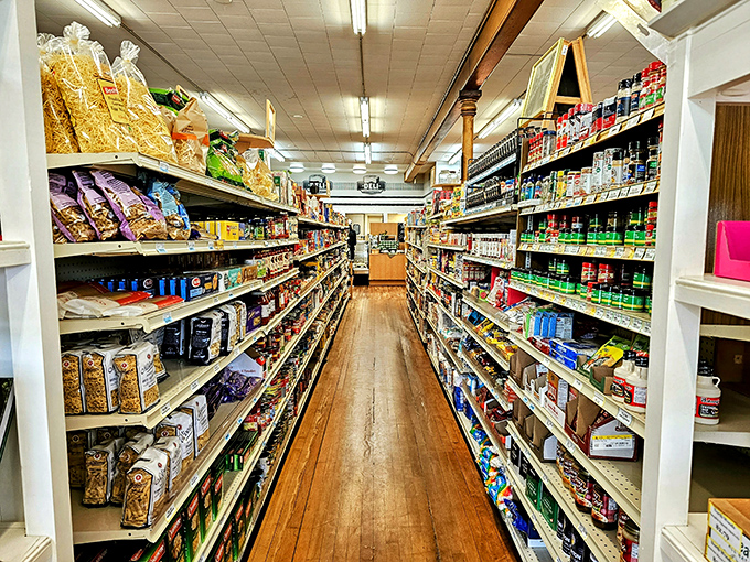 This old-school aisle setup encourages actual browsing instead of speed shopping, where discovering that perfect pasta sauce feels like finding buried treasure between the canned goods.