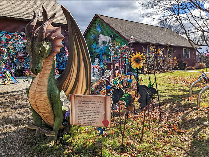 Another angle of the guardian dragon reveals the careful craftsmanship and playful spirit that defines The Sparkle Barn experience.