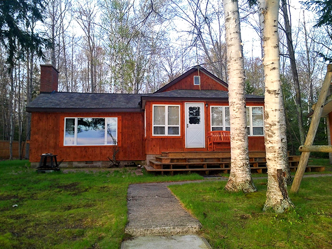 Independence Cottage's warm cedar exterior promises cozy nights by the fire after days spent exploring Big Bay's natural wonders.