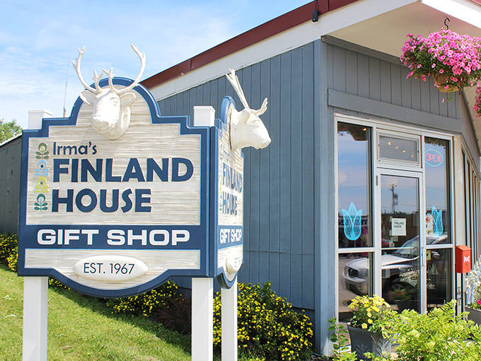 White deer antlers adorn Irma's Finland House, where Finnish heritage lives on through traditional textiles and sauna accessories.
