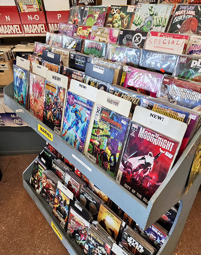Comic book enthusiasts can browse through vibrant Marvel adventures, where superheroes leap from colorful covers into readers' imaginations.