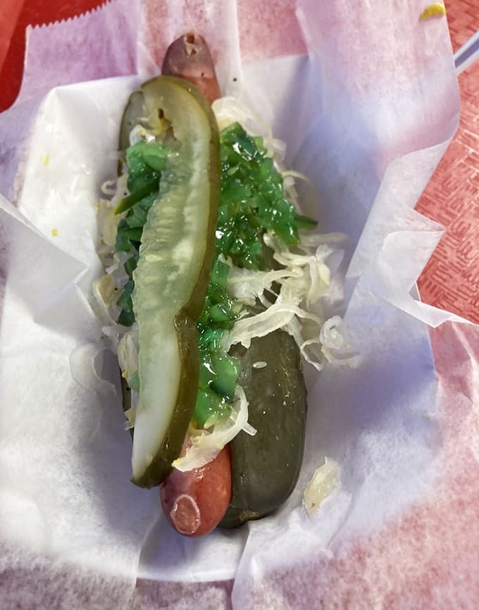 Yes, that's a hot dog on a pickle bun, because sometimes you need to live dangerously in the condiment department.
