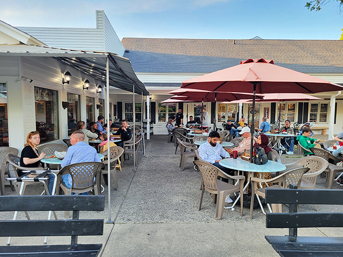 Pelletier's outdoor dining area buzzes with conversation and laughter—the perfect spot to savor Door County's famous fish boil.