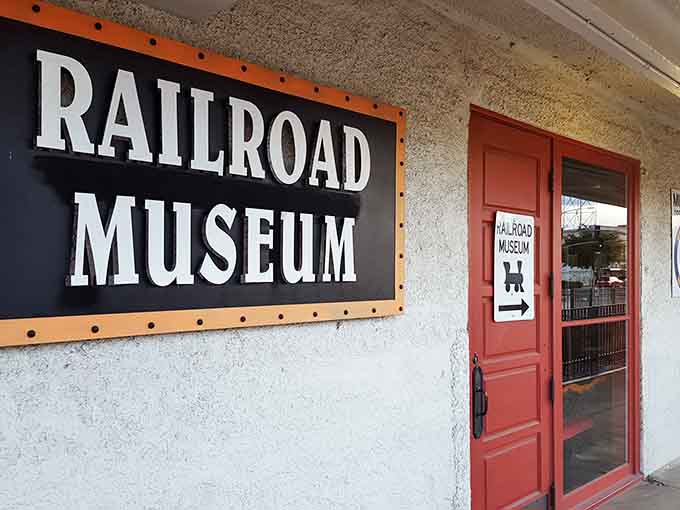The Railroad Museum door beckons history buffs to explore the stories of the rails and the people who worked them.