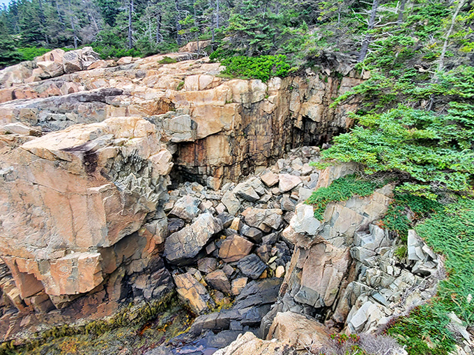 Geological drama frozen in time: massive stone blocks tell stories of ancient upheaval along Maine's ever-changing coastline.
