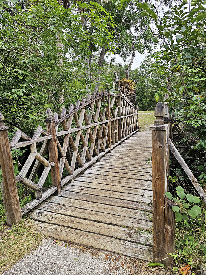 This rustic crossing seems to invite contemplation&mdash;each weathered plank a step deeper into Florida's fascinating historical backwaters.