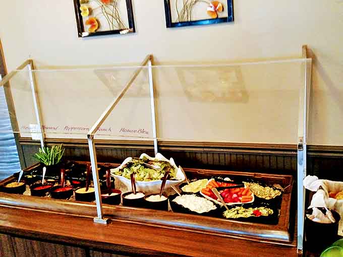 The salad bar &ndash; where health food meets Midwest generosity, protected by a sneeze guard that's seen generations of diners.