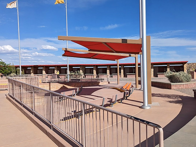 A closer view of the monument's shaded plaza seating, where visitors can sit and rest to relax.