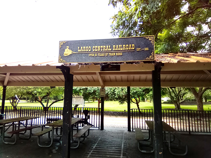 The Largo Central Railroad station sign proudly announces over 25 years of bringing joy to Florida families one tiny train ride at a time.