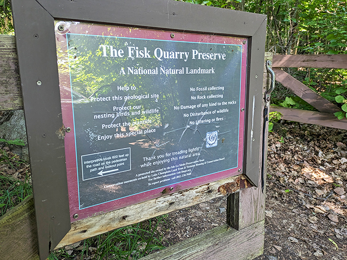 The Fisk Quarry Preserve sign welcomes curious travelers to this National Natural Landmark's geological wonders.