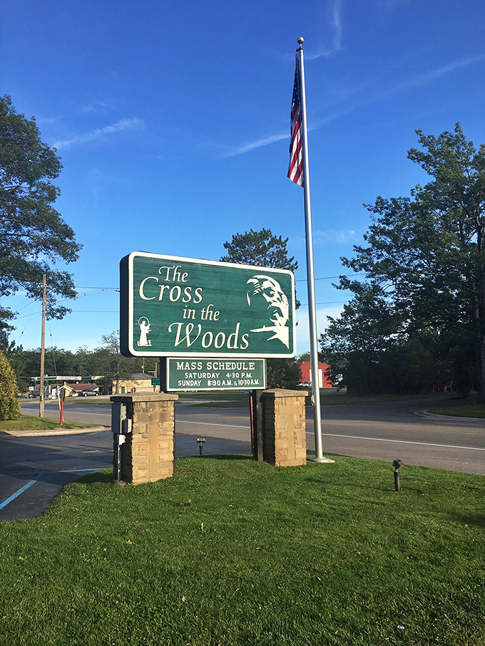 The welcoming sign greets travelers, promising both spiritual enrichment and the quirky roadside attraction they'll soon be texting friends about.