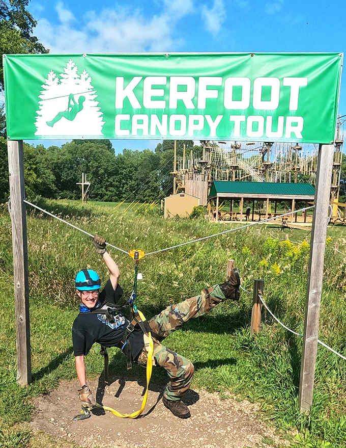 Victory pose achieved! A triumphant visitor celebrates completing the Kerfoot Canopy Tour with the enthusiasm it rightfully deserves.