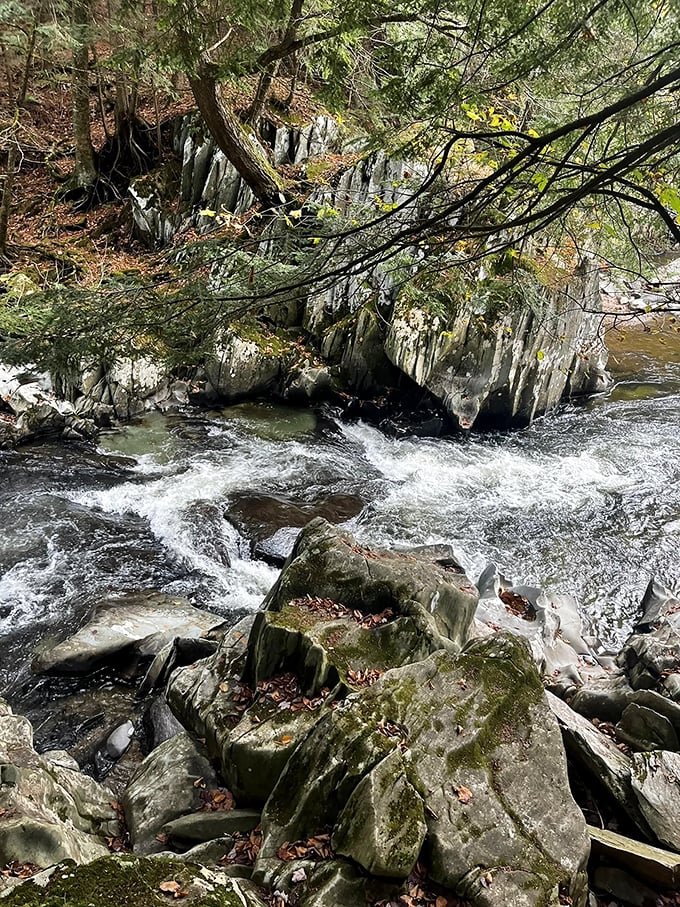 Ancient rocks stand sentinel in the rushing current, witnesses to centuries of seasons while we just pass through.