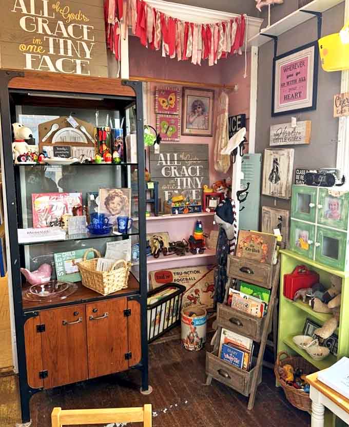 This corner bursts with whimsical children's items and inspirational signs, creating a space where nostalgia meets modern charm.