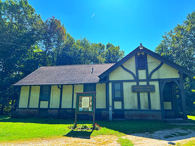 The historic Wulff Lodge stands as a Tudor-style testament to Grant Park's rich heritage, its architecture complementing the natural surroundings.