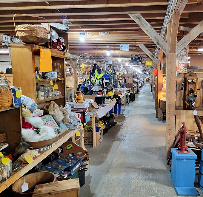 Architectural character &ndash; Exposed wooden beams and simple construction create the perfect backdrop for thousands of vintage treasures.