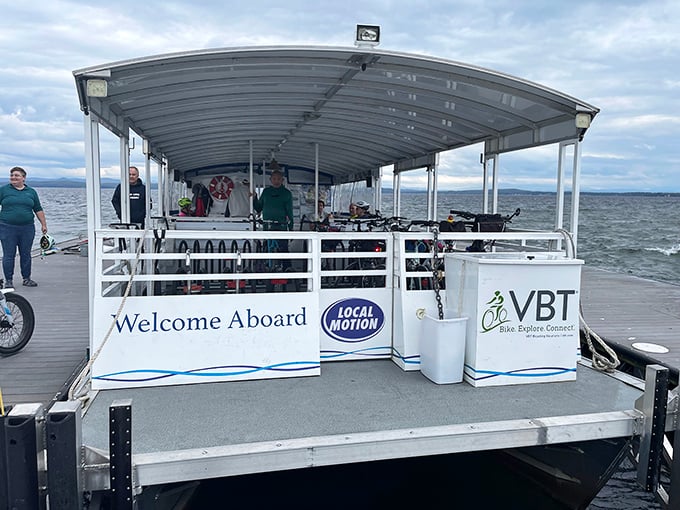 All aboard the bike ferry! This floating bridge connects trail sections, proving sometimes the journey is the destination.
