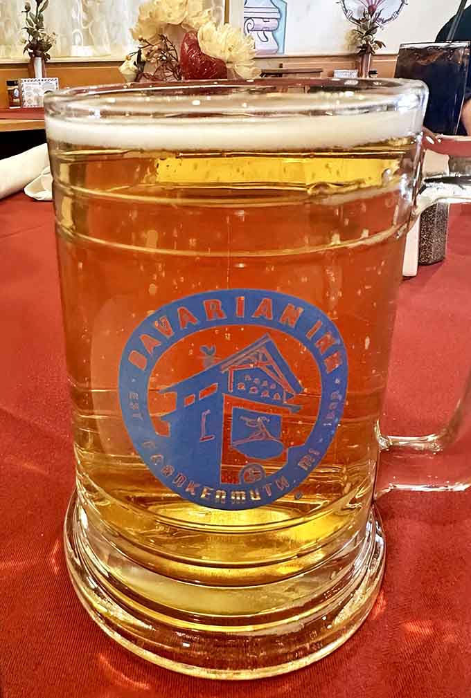 Beer served in oversized steins emblazoned with the Bavarian Inn logo - a souvenir in the making if you can finish the generous pour inside.