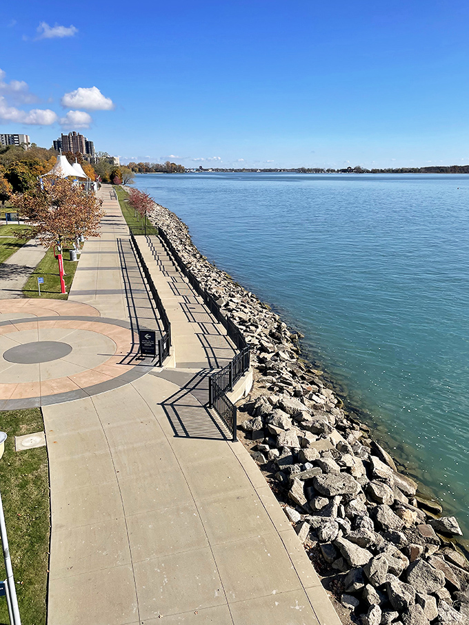 The Riverwalk's perfect stonework meets the Detroit River in a handshake agreement to provide the most scenic strolling route in Michigan.