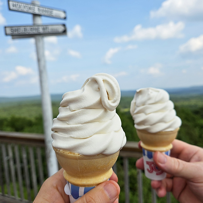 Twin towers of vanilla perfection, held against a backdrop that makes even the sweetest treat seem secondary.