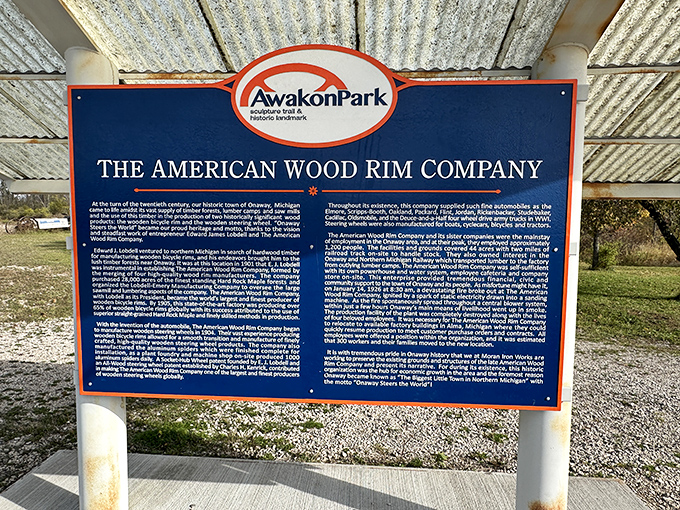 History buffs rejoice! This detailed signage reveals the fascinating story of the American Wood Rim Company's rise and fall.