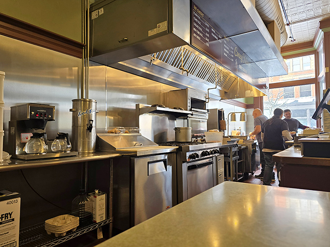 Watching your meal come together in the open kitchen adds to the whole authentic diner experience.