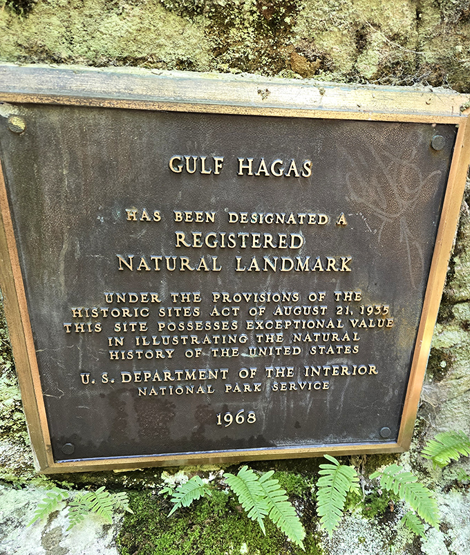 History set in stone: This plaque commemorates Gulf Hagas' 1968 designation as a National Natural Landmark, preserving its beauty forever.