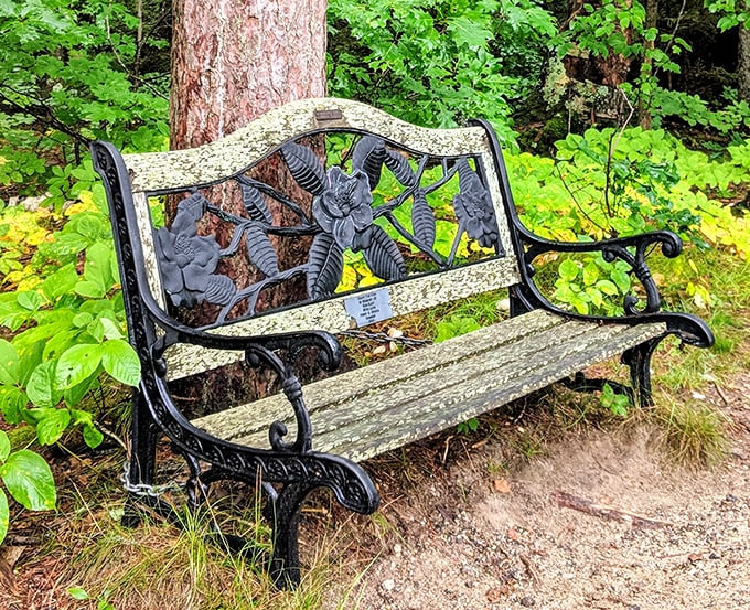 Artistry in iron and wood: These memorial benches offer weary hikers both rest and beauty along the trail.