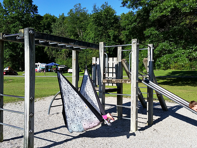 Playground paradise where kids can climb and swing while parents enjoy the park's peaceful surroundings nearby.
