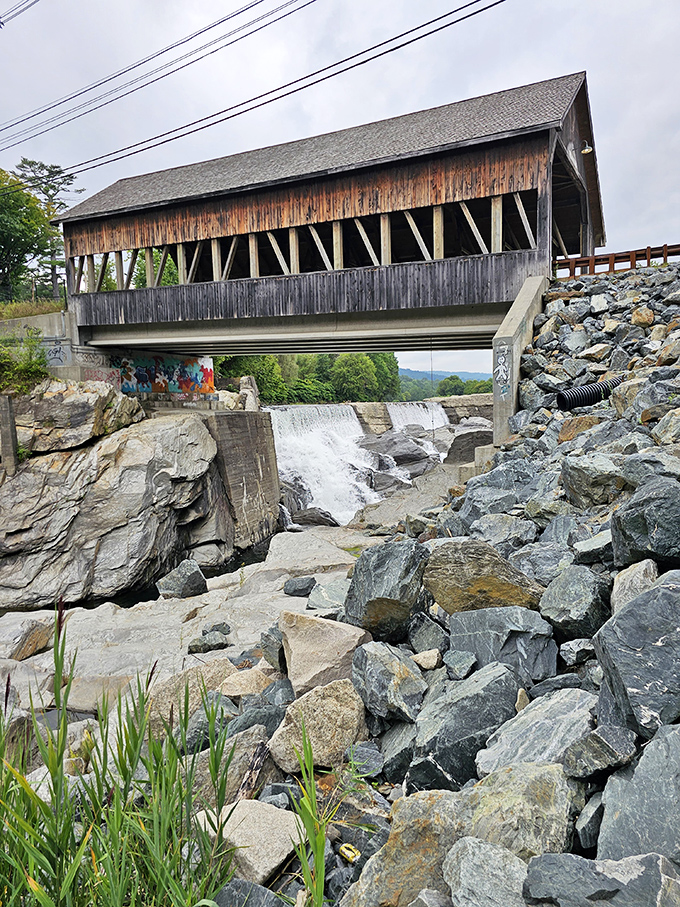 Nature and human engineering achieve perfect harmony as the rustic bridge spans the dramatic rocky riverbed.
