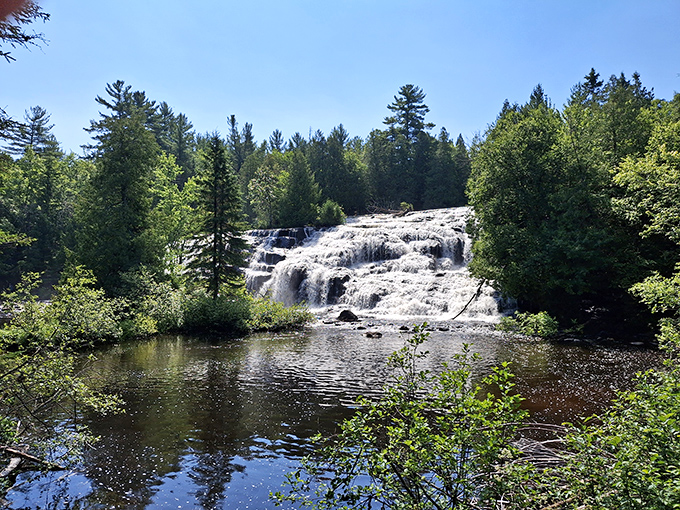 The main attraction in all its glory &ndash; Wagner Falls spreads wide across the rock face like nature's own wedding cake.