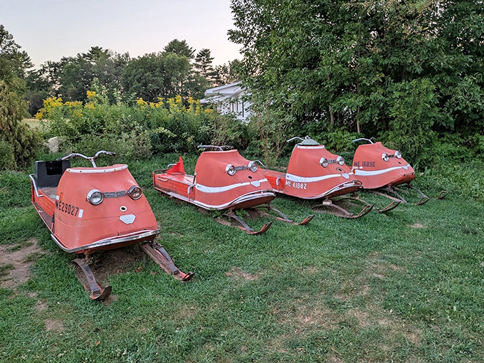 Vintage snowmobiles stand as quirky sentinels &ndash; a nod to Maine's winter heritage and the property's commitment to embracing all seasons.