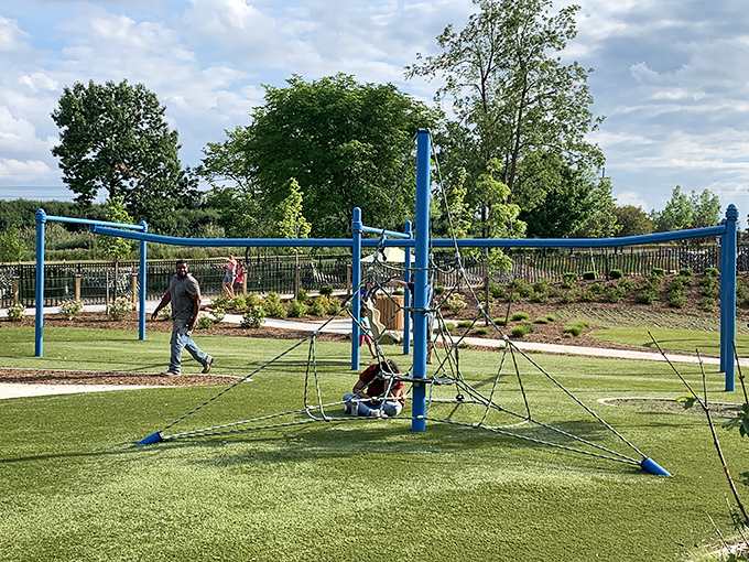 The space net climbing structure creates a three-dimensional puzzle that challenges young adventurers while building strength and confidence.